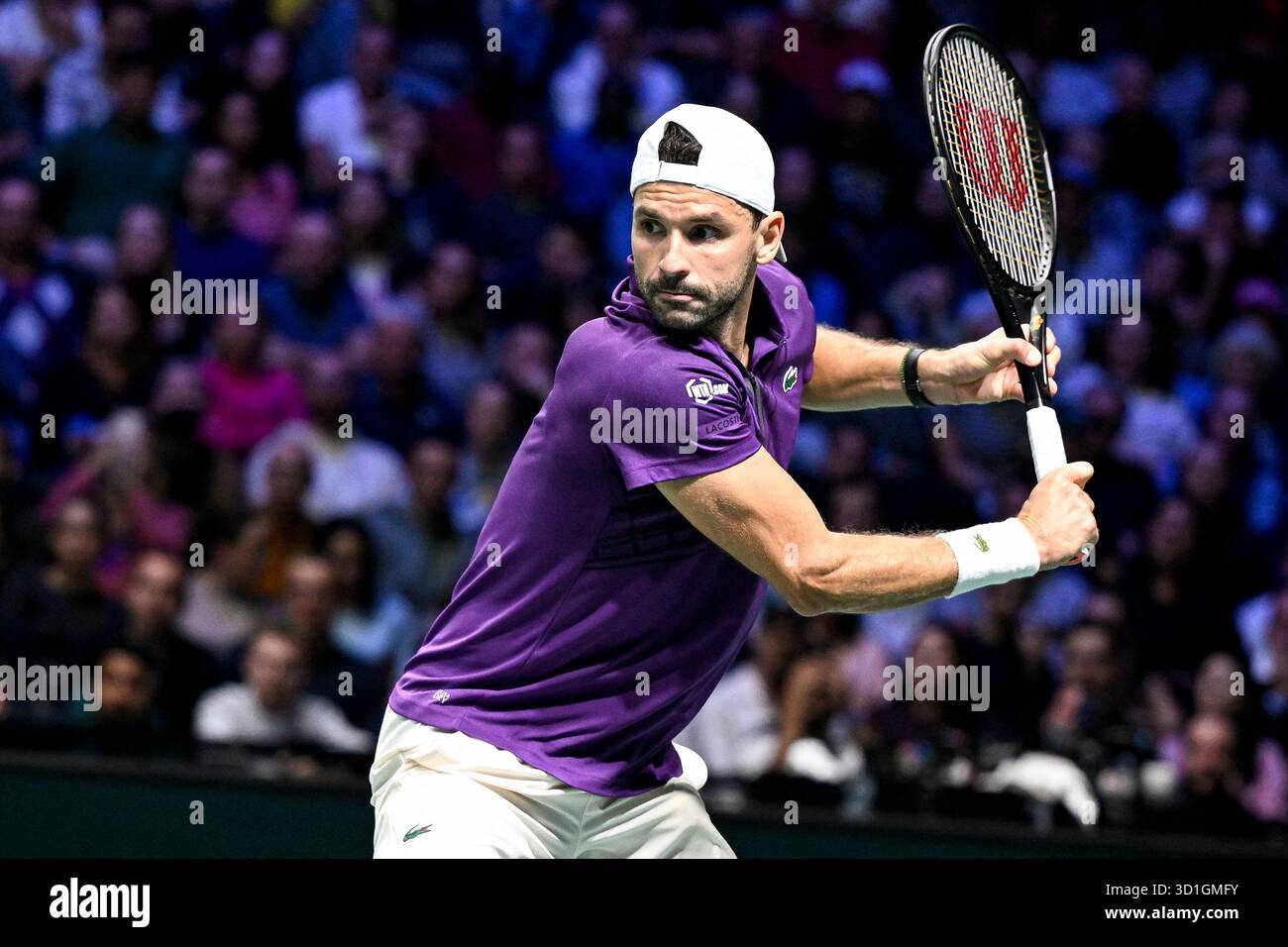 Grigor Dimitrov hits a one-handed backhand during the Rolex Paris ...