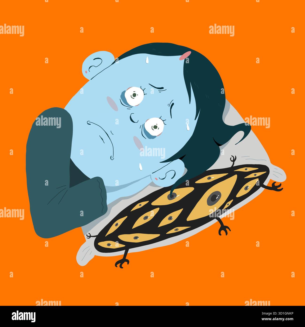 Insomnia Monster Illustration. person sleeping on a pillow that turns ...