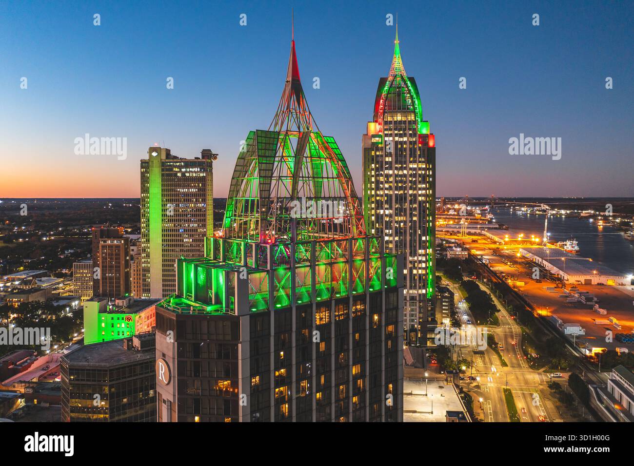 Downtown Mobile Alabama Spire Tower Lights at Twilight Stock Photo - Alamy