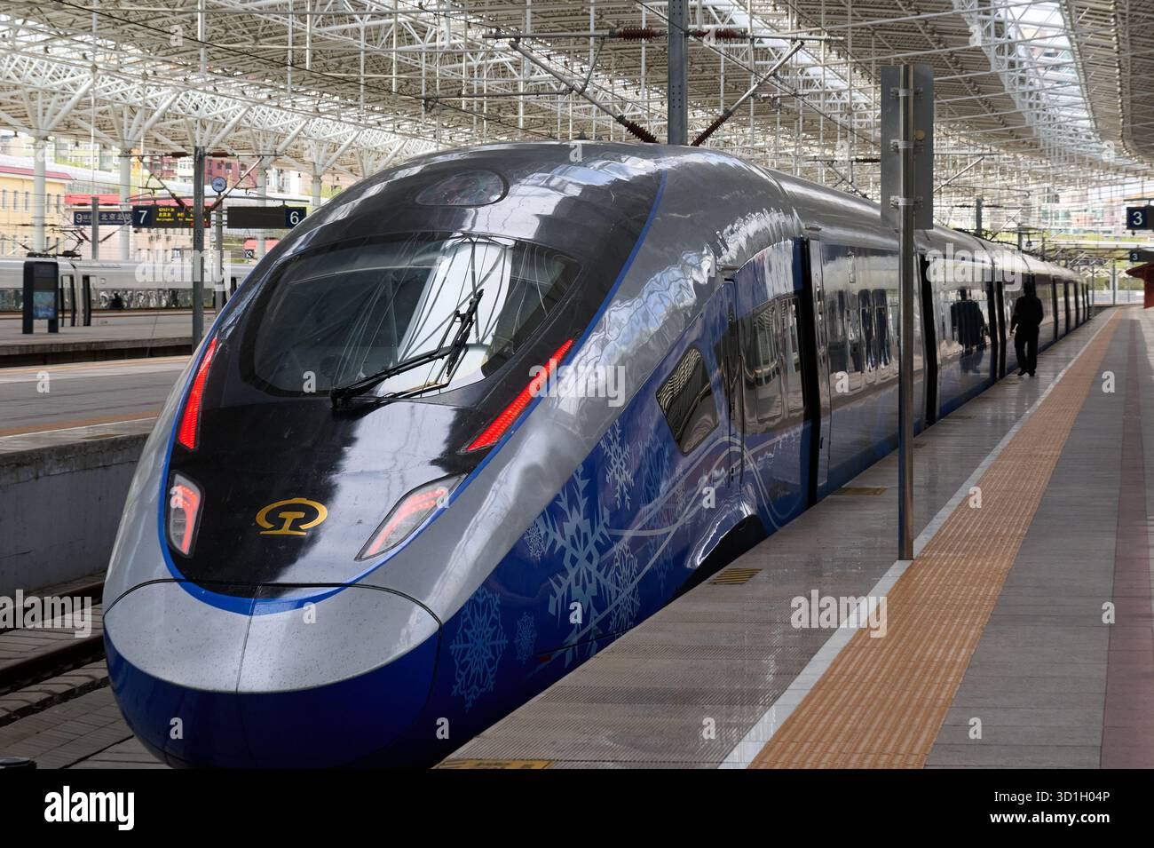 Modern high-speed train at station with technical signage and ...