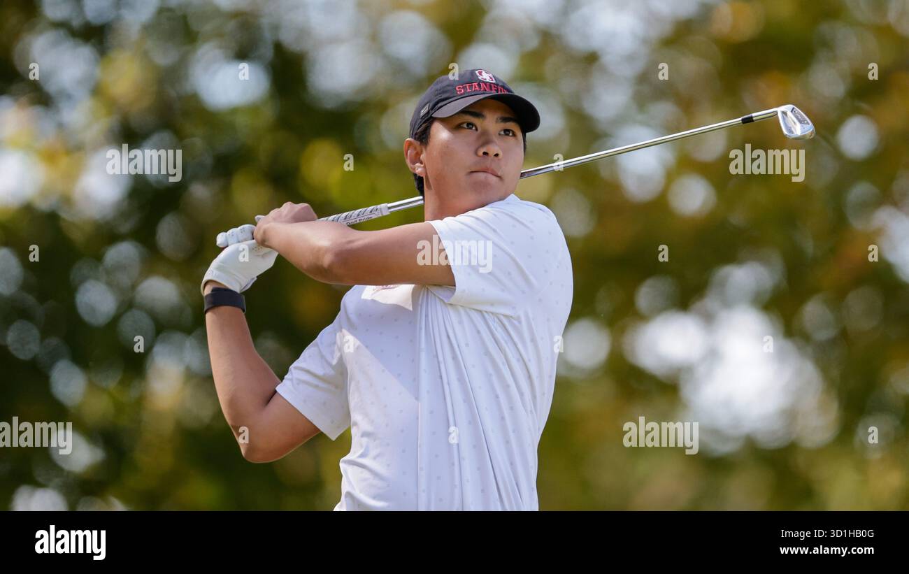 Stanford golfer Nathan Wang hits a tee shot during an NCAA golf ...