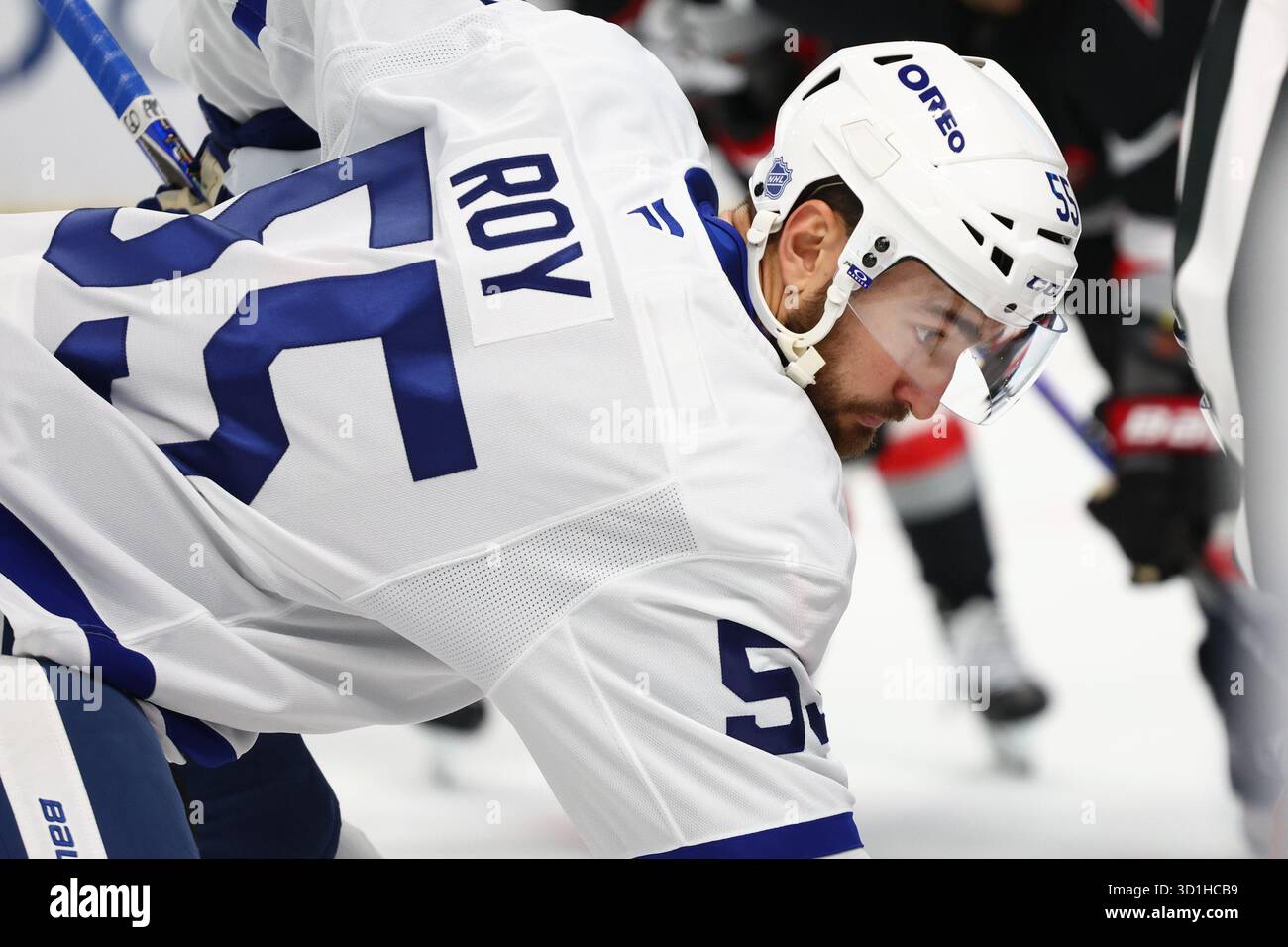 Toronto Maple Leafs center Nicolas Roy (55) lines up for a faceoff ...
