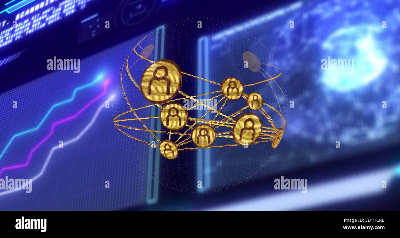Floating network of golden avatars with lines in panels showing ...