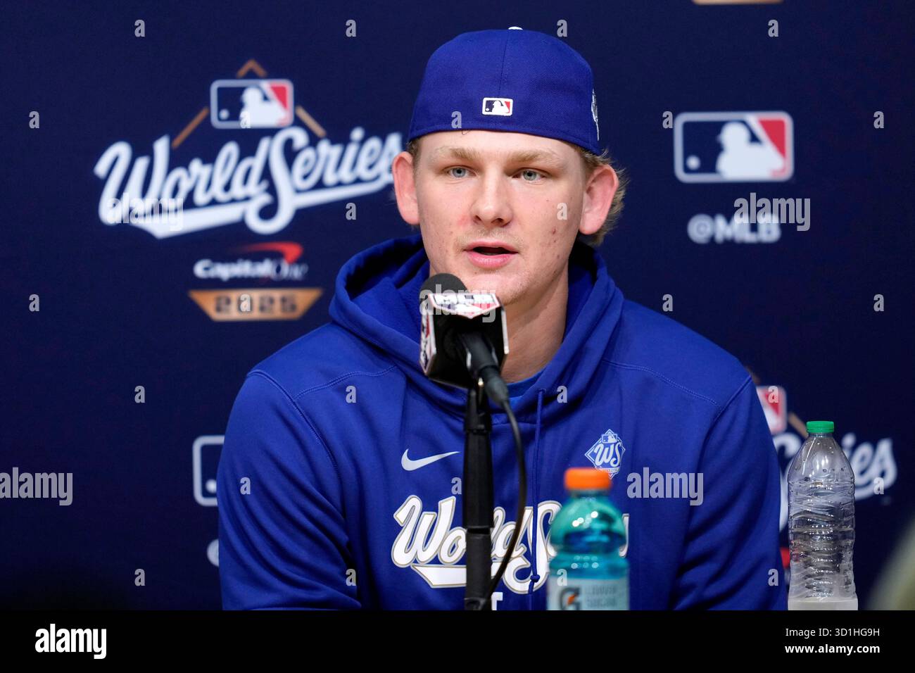 Los Angeles Dodgers pitcher Emmet Sheehan speaks prior to Game 4 of ...