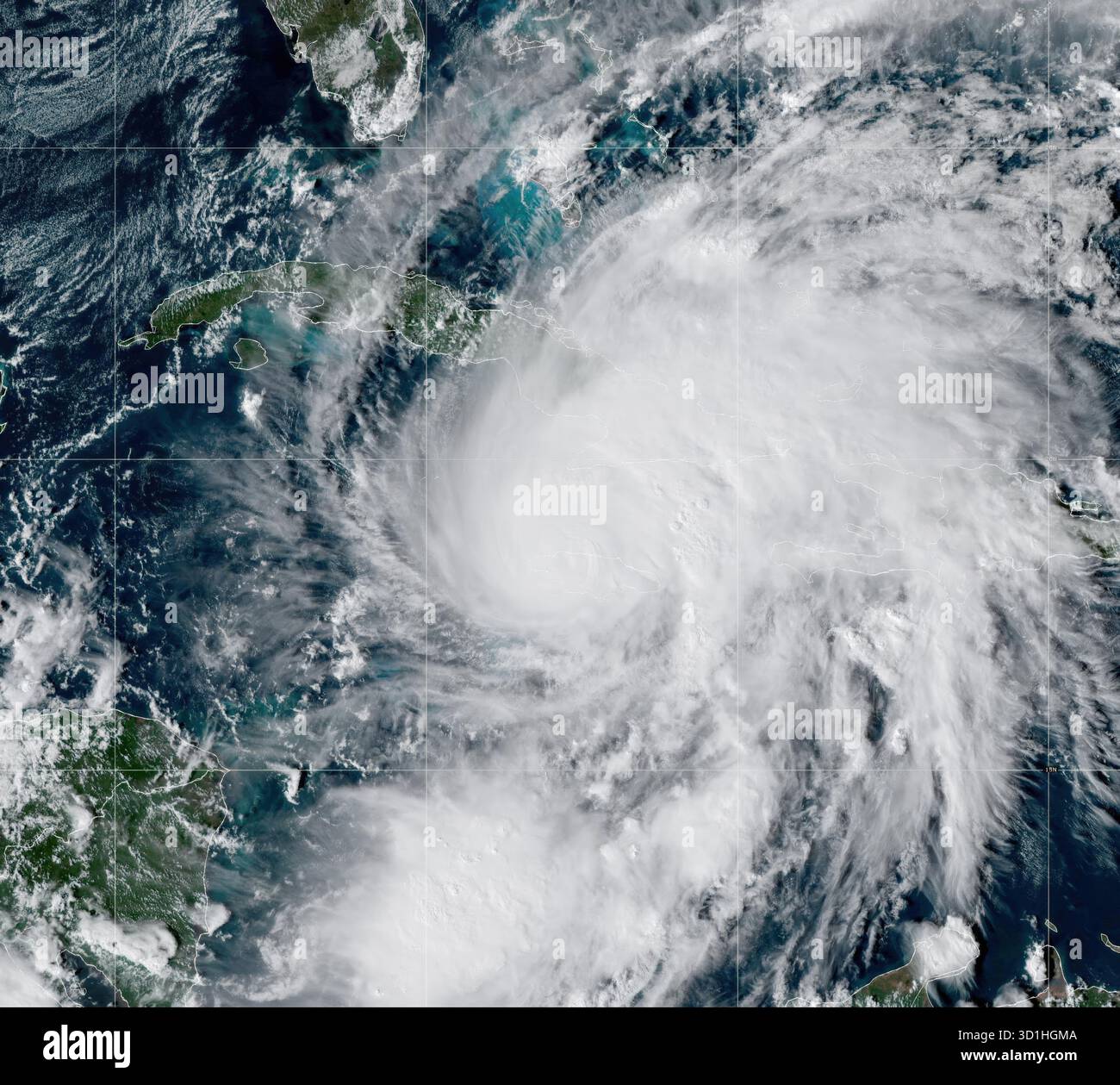 Caribbean Sea, Jamaica. 28 October, 2025. The NOAA NESDIS GOES-19 satellite image showing ...