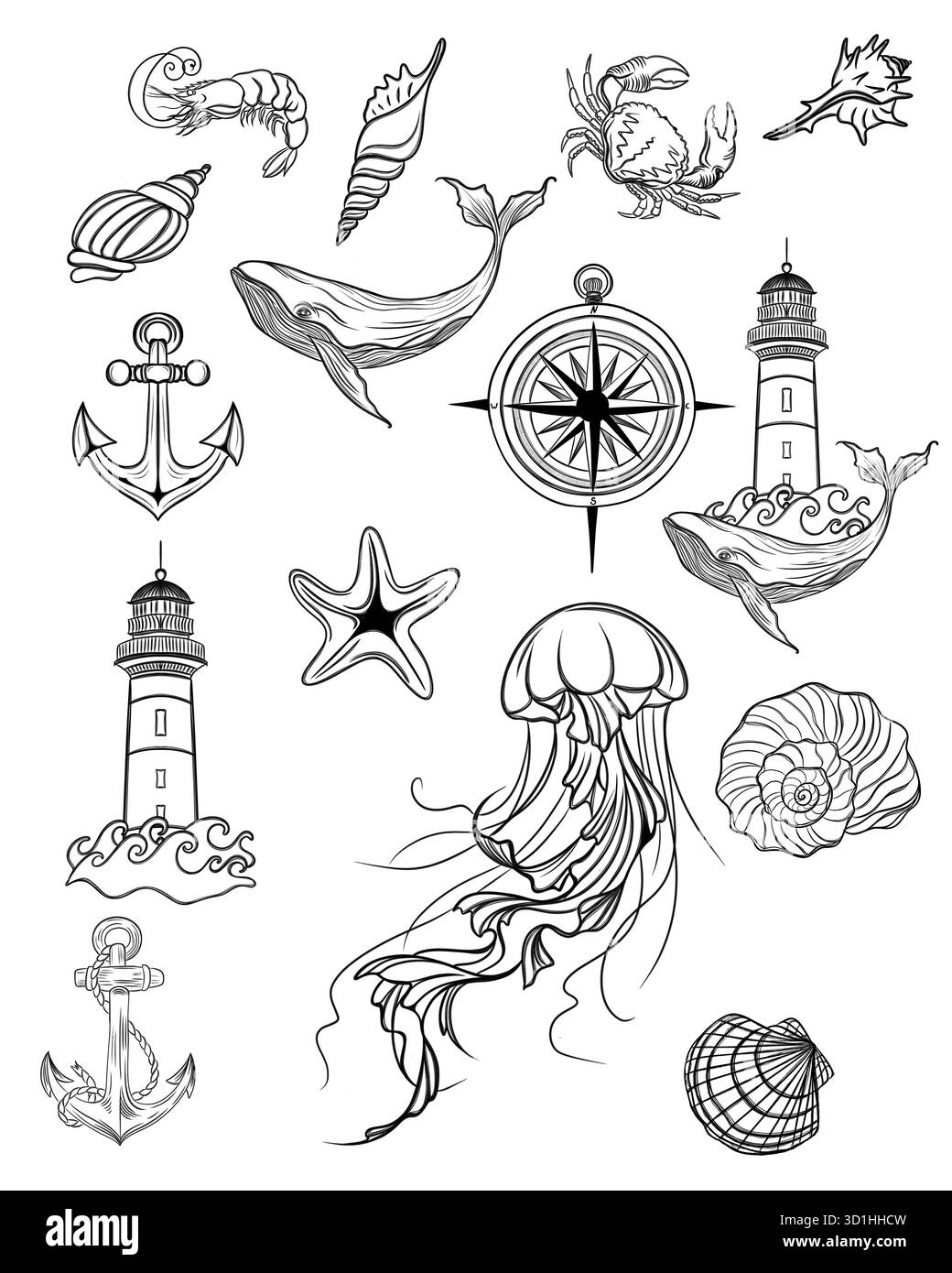 Set of vintage marine tattoo sketches. Ocean life elements: crab ...