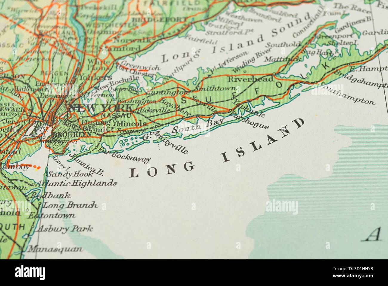 A vintage map featuring Long Island with key towns labeled, depicting ...