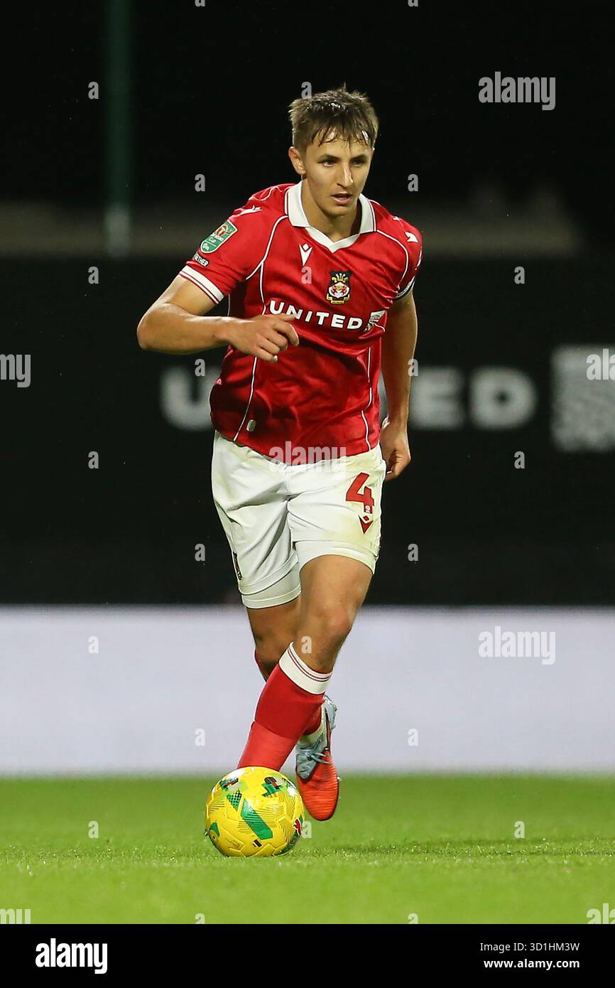 Max Cleworth of Wrexham in action. Carabao cup 4th round match, Wrexham ...