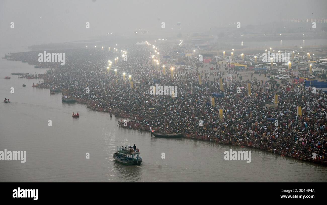 PATNA, INDIA - OCTOBER 28: Aerial view of crowd of Chhath devotees on ...