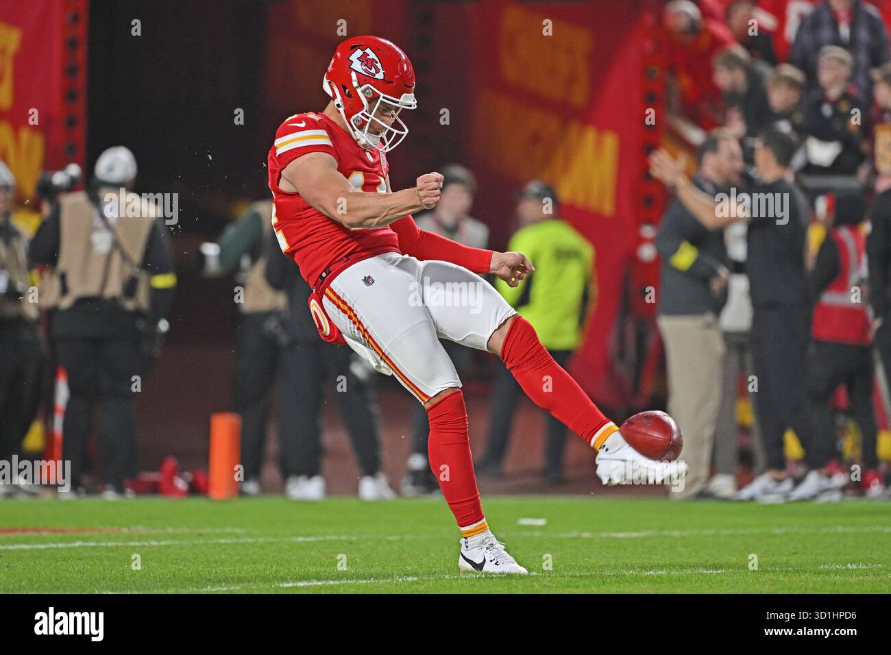 Kansas City Chiefs punter Matt Araiza (14) practice punting before an ...