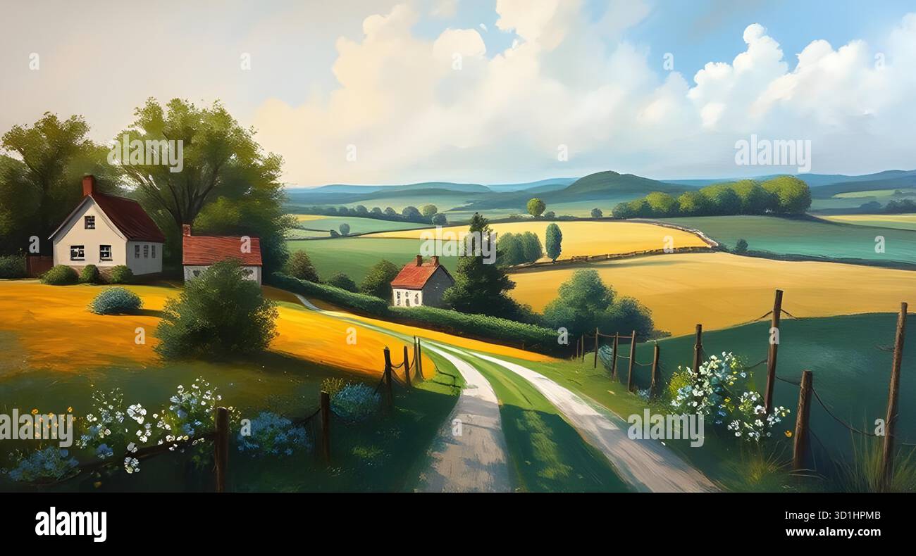 countryside, village, oil painting, art, landscape, nature, rural ...