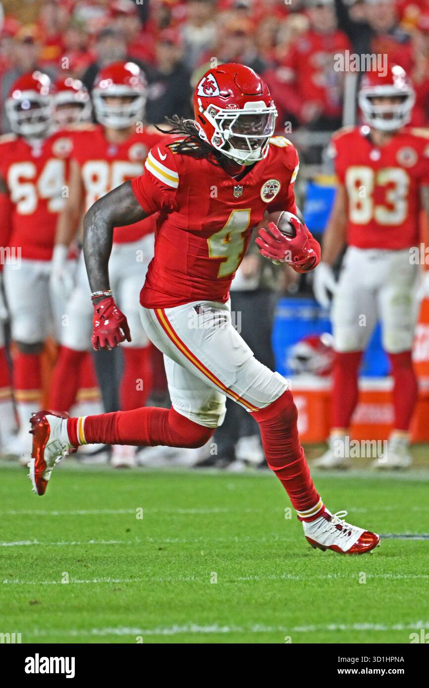 Kansas City Chiefs wide receiver Rashee Rice (4) runs after catching a ...