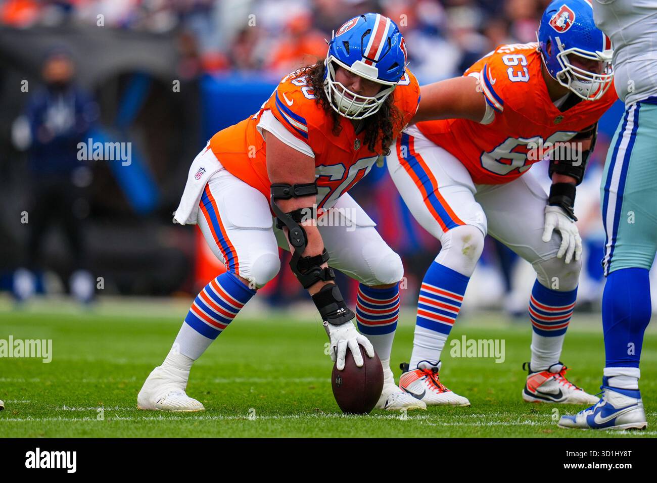 Denver Broncos center Luke Wattenberg (60) lines up against the Dallas ...