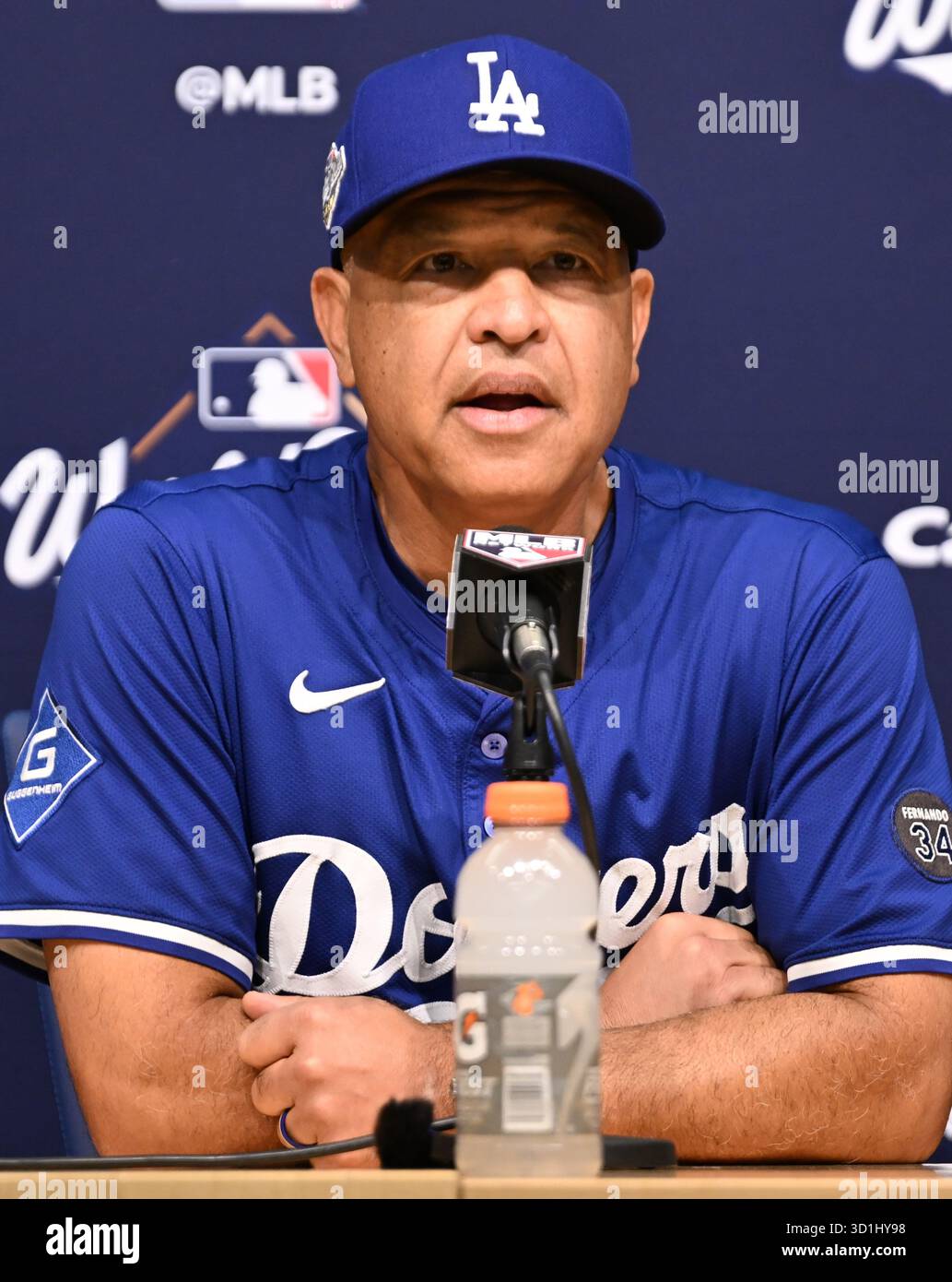 Los Angeles Dodgers manager Dave Roberts speaks to the media before ...