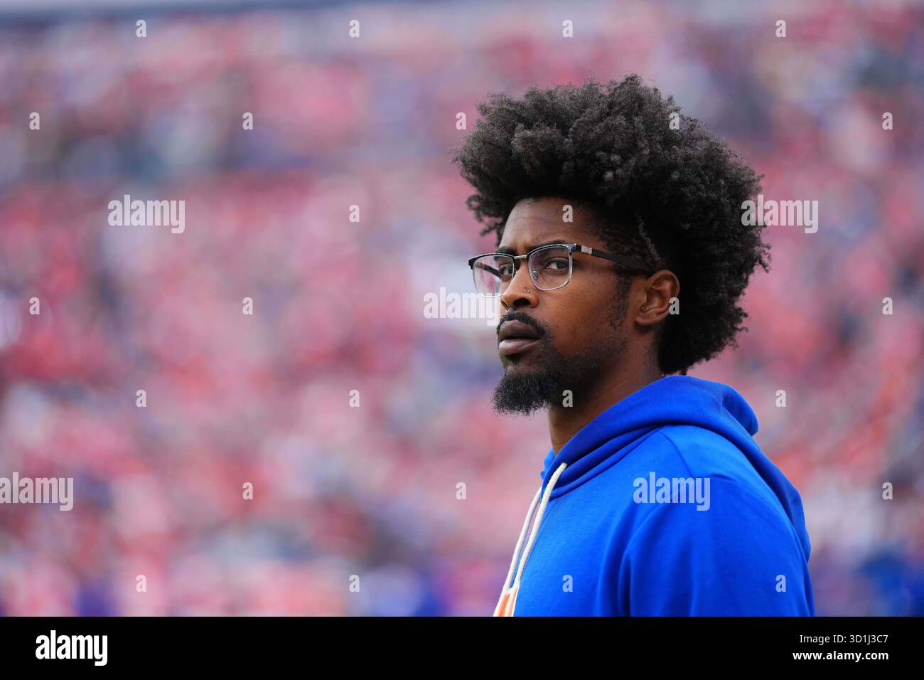 Denver Broncos wide receiver A.T. Perry looks on from the sidelines ...