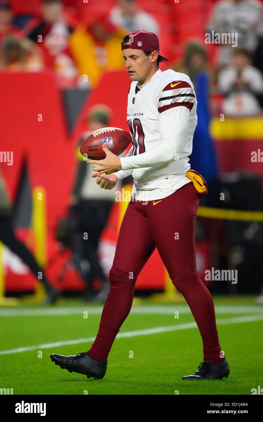 Washington Commanders punter Tress Way takes a break during warmups ...