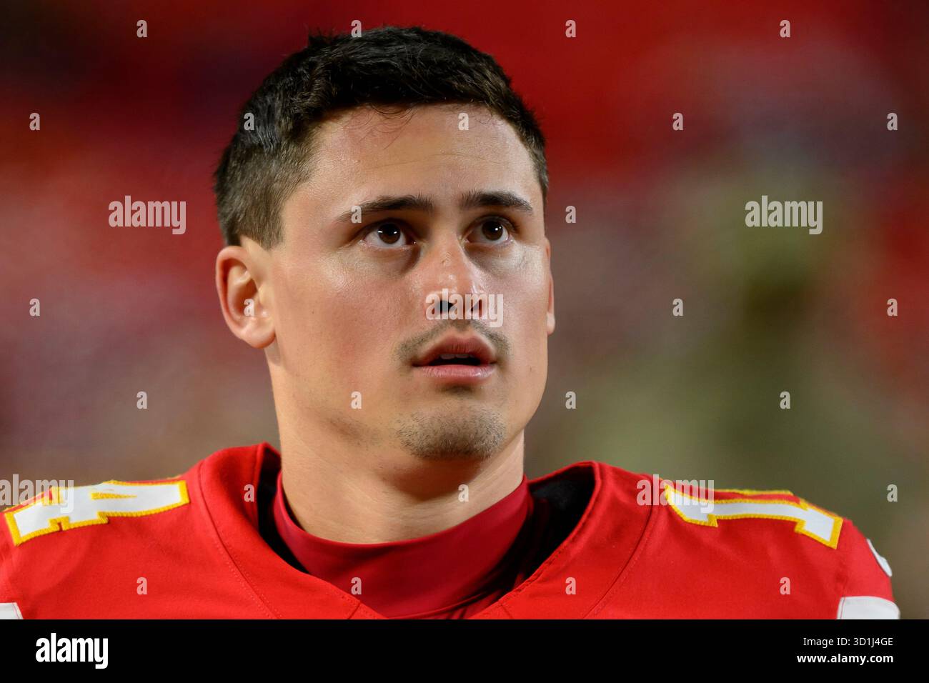 Kansas City Chiefs punter Matt Araiza looks to the scoreboard late in ...
