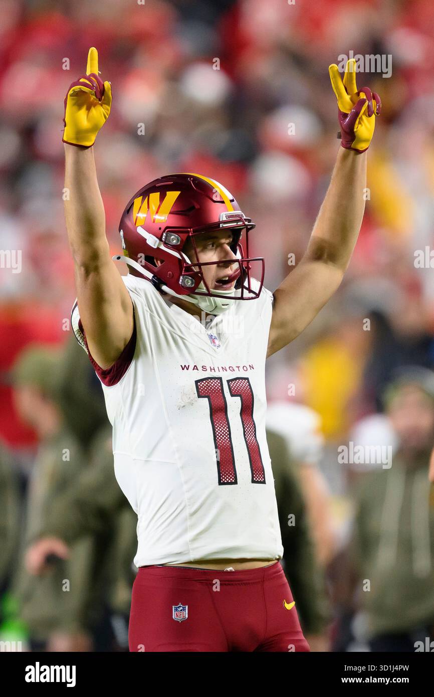 Washington Commanders wide receiver Luke McCaffrey celebrates a ...