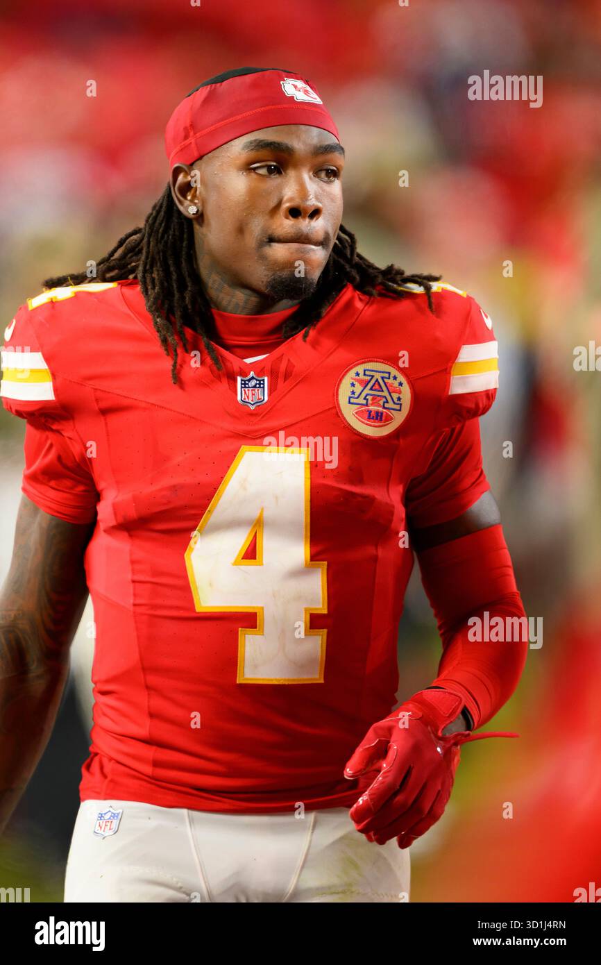 Kansas City Chiefs wide receiver Rashee Rice walks the bench area ...