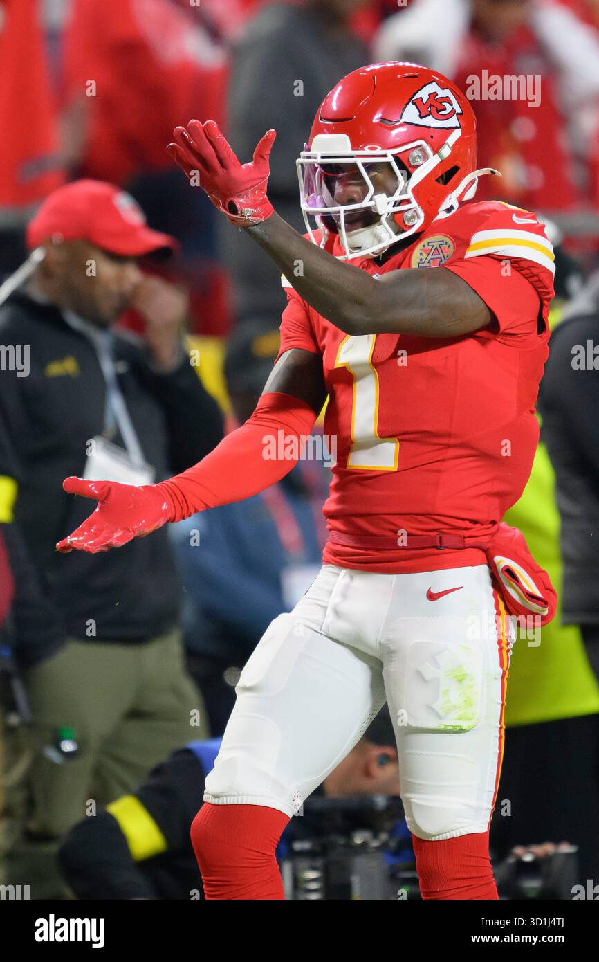 Kansas City Chiefs wide receiver Xavier Worthy celebrates a first down ...