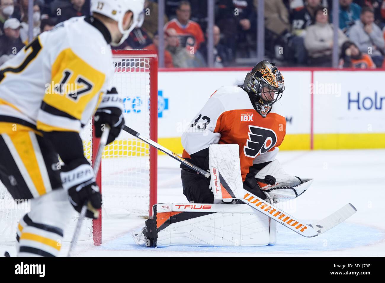 Philadelphia Flyers' Samuel Ersson blocks a shot during the first ...