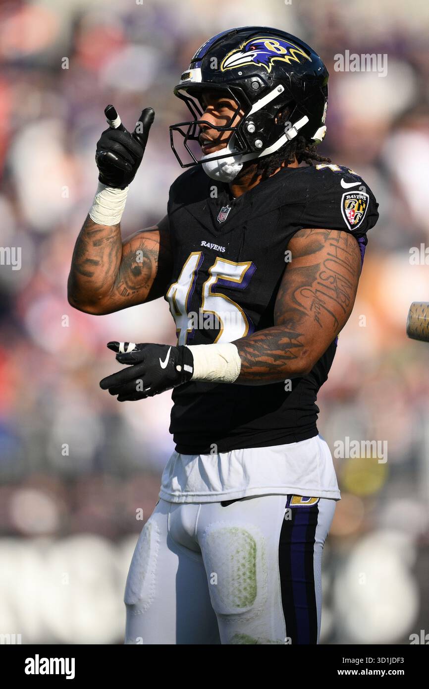 Baltimore Ravens linebacker Mike Green (45) gestures during the second ...