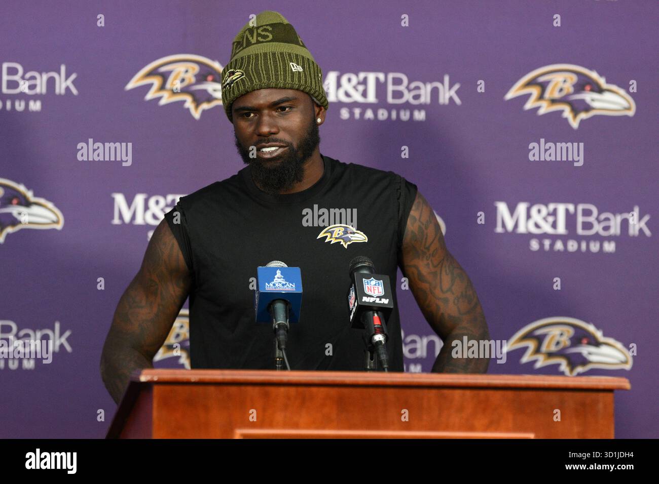 Baltimore Ravens quarterback Tyler Huntley (5) speaks during a press ...
