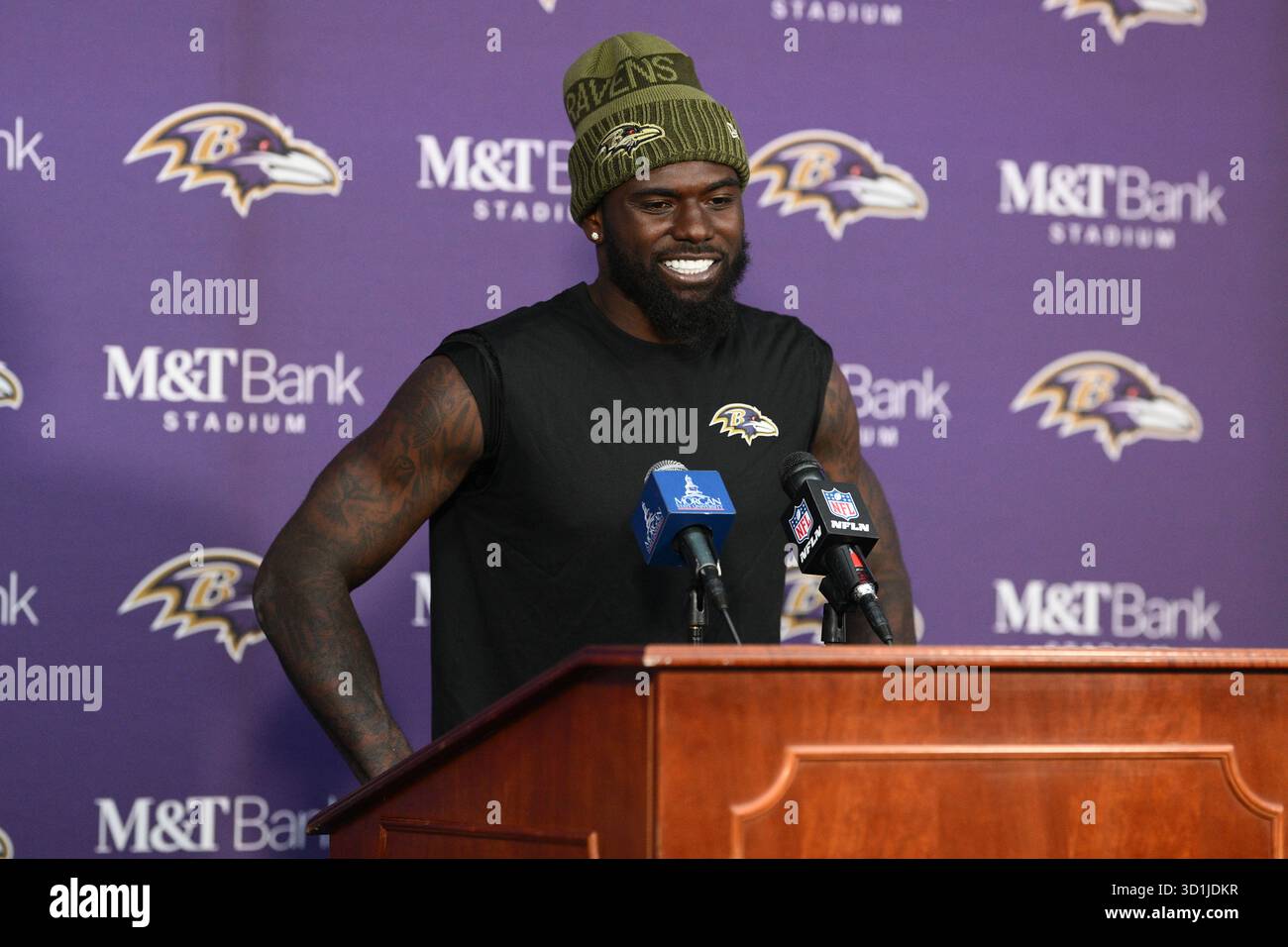 Baltimore Ravens quarterback Tyler Huntley (5) speaks during a press ...