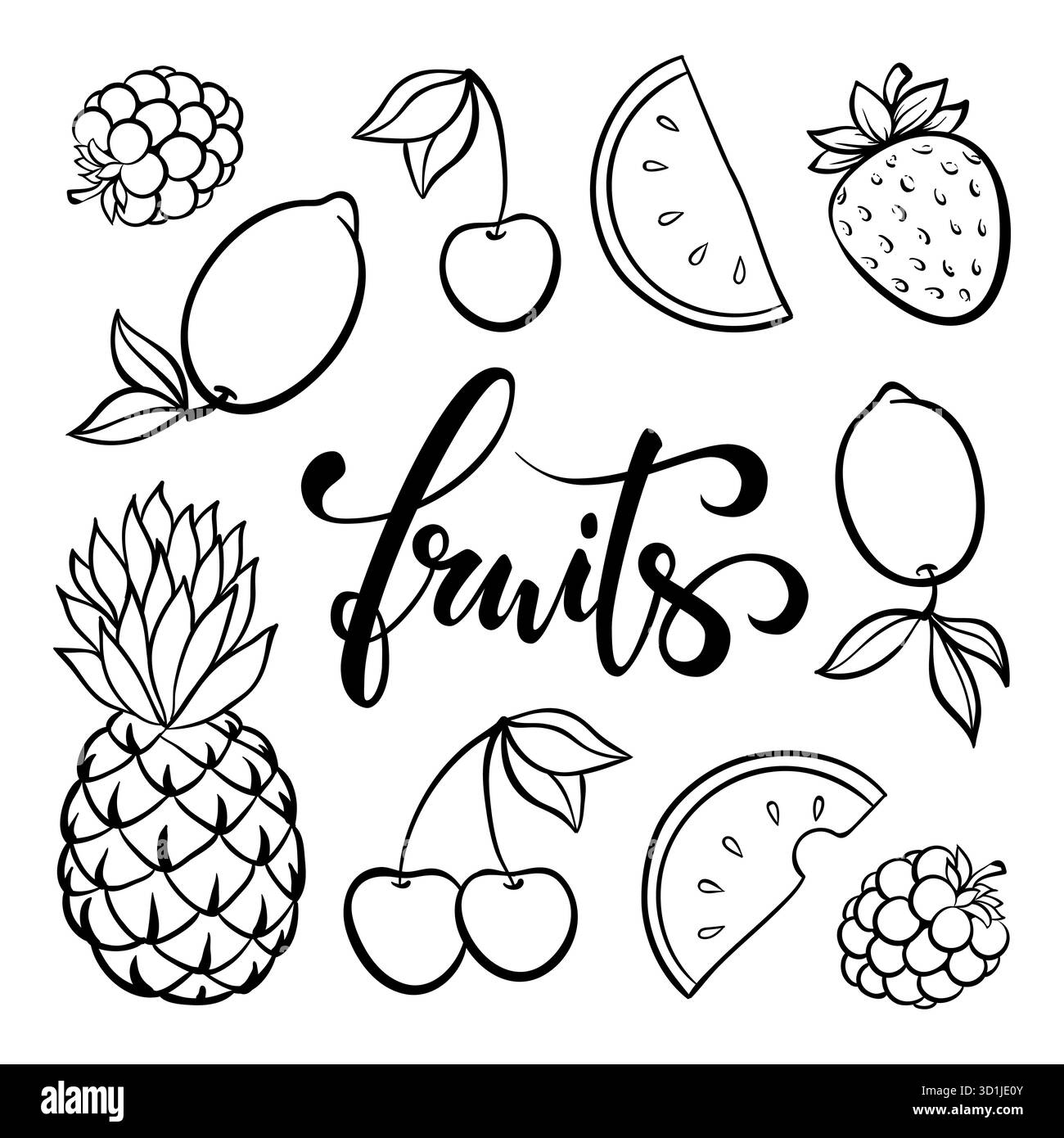 vector fruit symbols, doodle outline drawing of tropical fruits berries ...