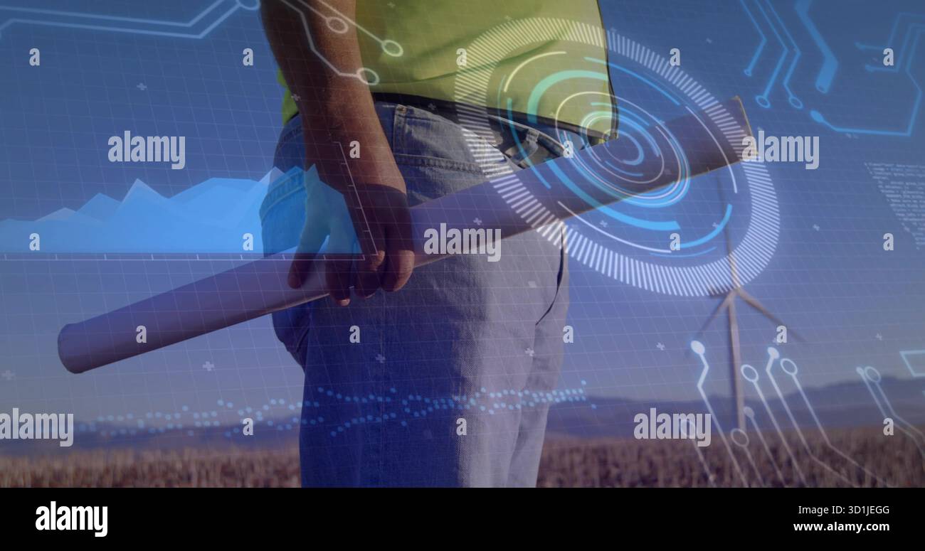 Standing engineer holding blueprint in farm field at sunset, with HUD ...