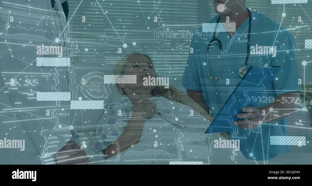 Healthcare provider in blue scrubs checking patient on hospital bed ...