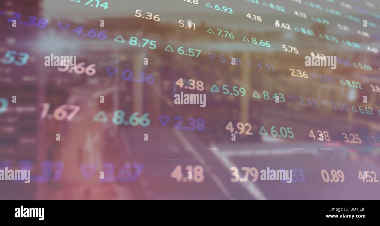 Displaying stock data overlay over blurred urban street, showing ...