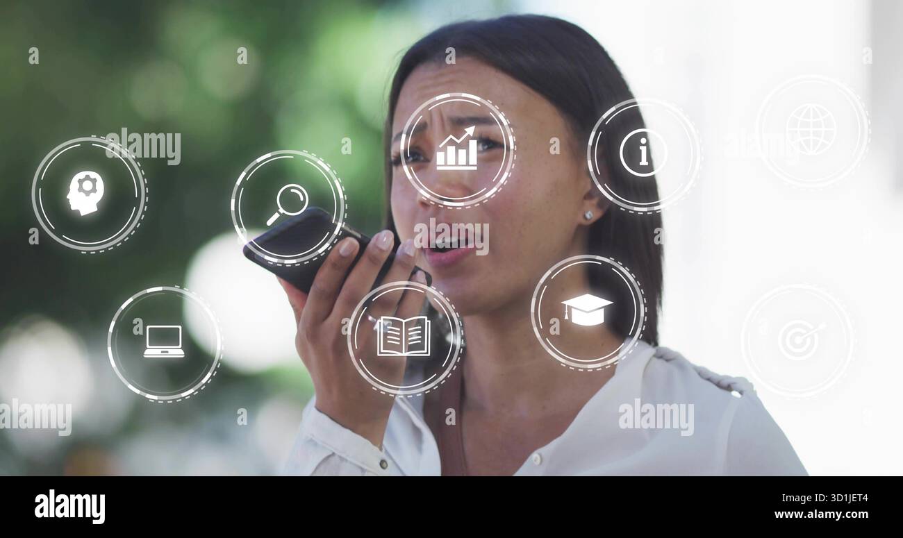 Speaking woman wearing white blouse holding voice device in park ...