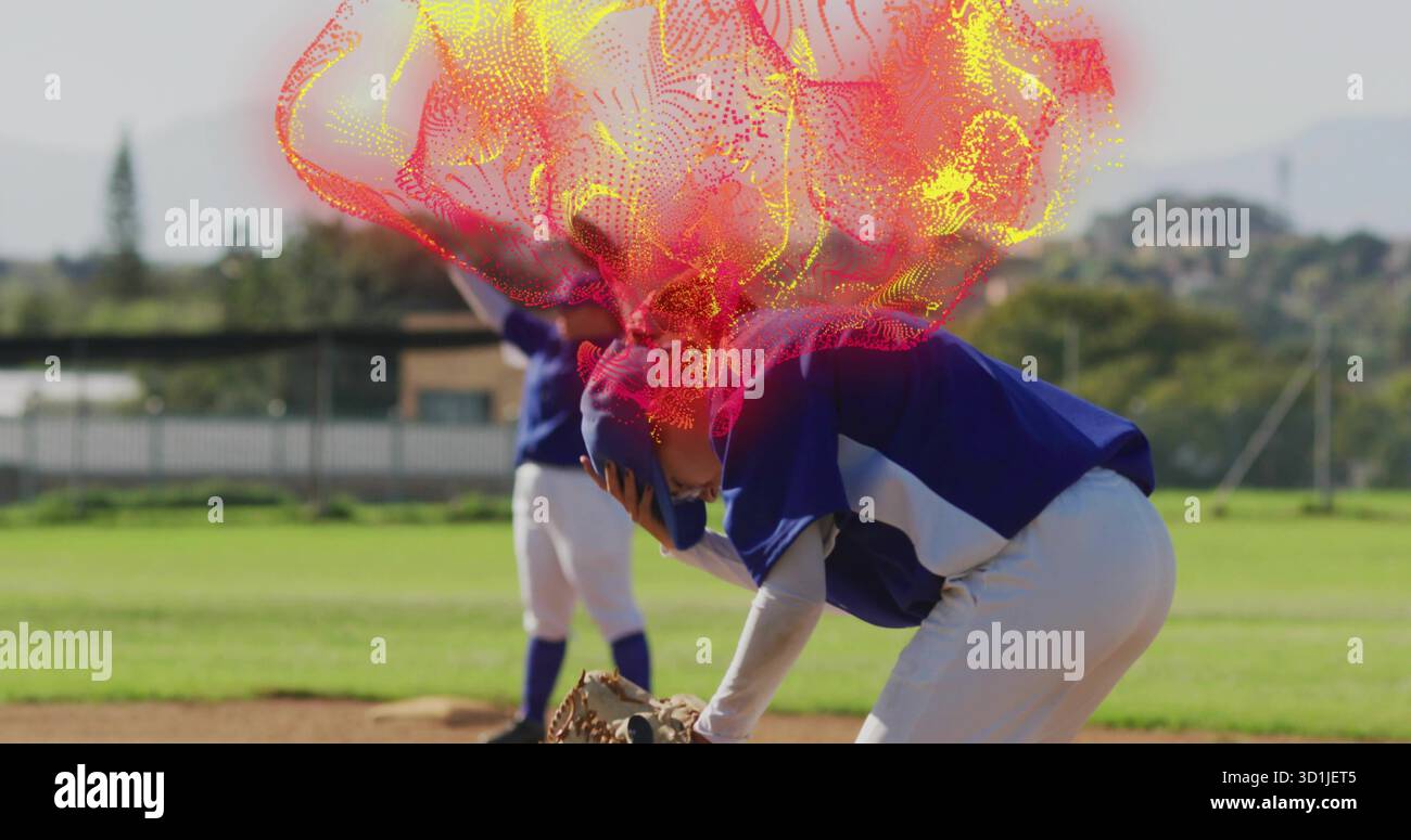 Fielding players in uniforms on baseball diamond, with gloves, dirt ...