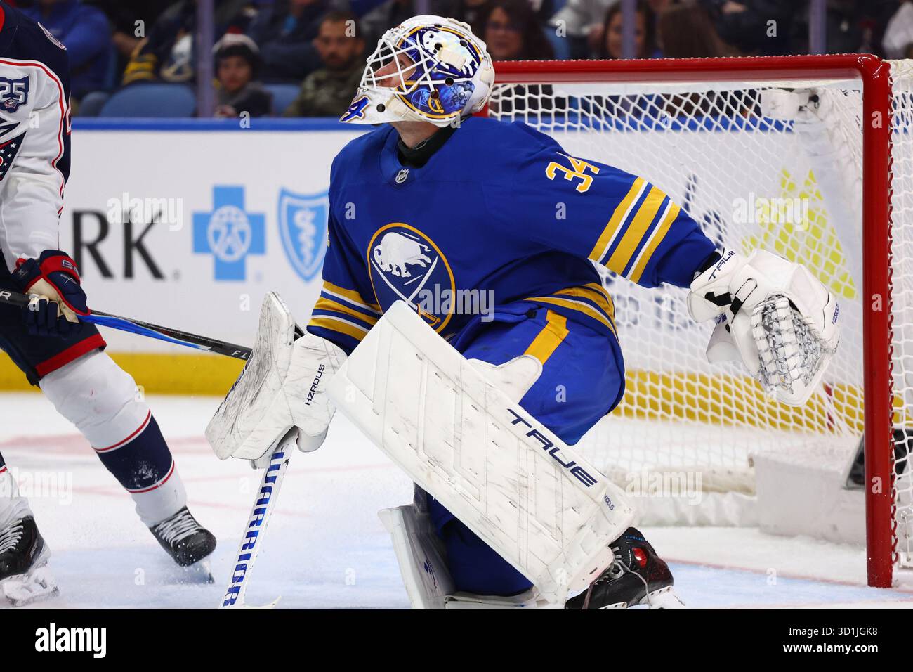 Buffalo Sabres goaltender Alex Lyon (34) watches the puck during the ...
