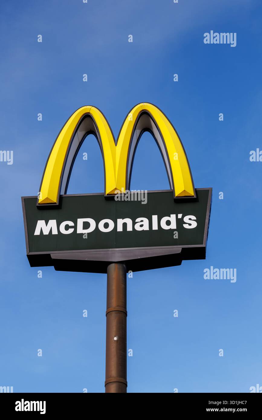 21 October 2025, Bavaria, Oberpfaffenhofen: The McDonald's lettering ...