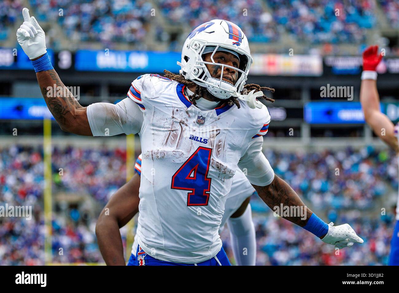 Buffalo Bills running back James Cook (4) celebrates a touchdown ...