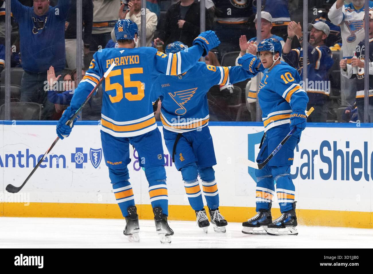 St. Louis Blues' Brayden Schenn (10) is congratulated by teammate ...