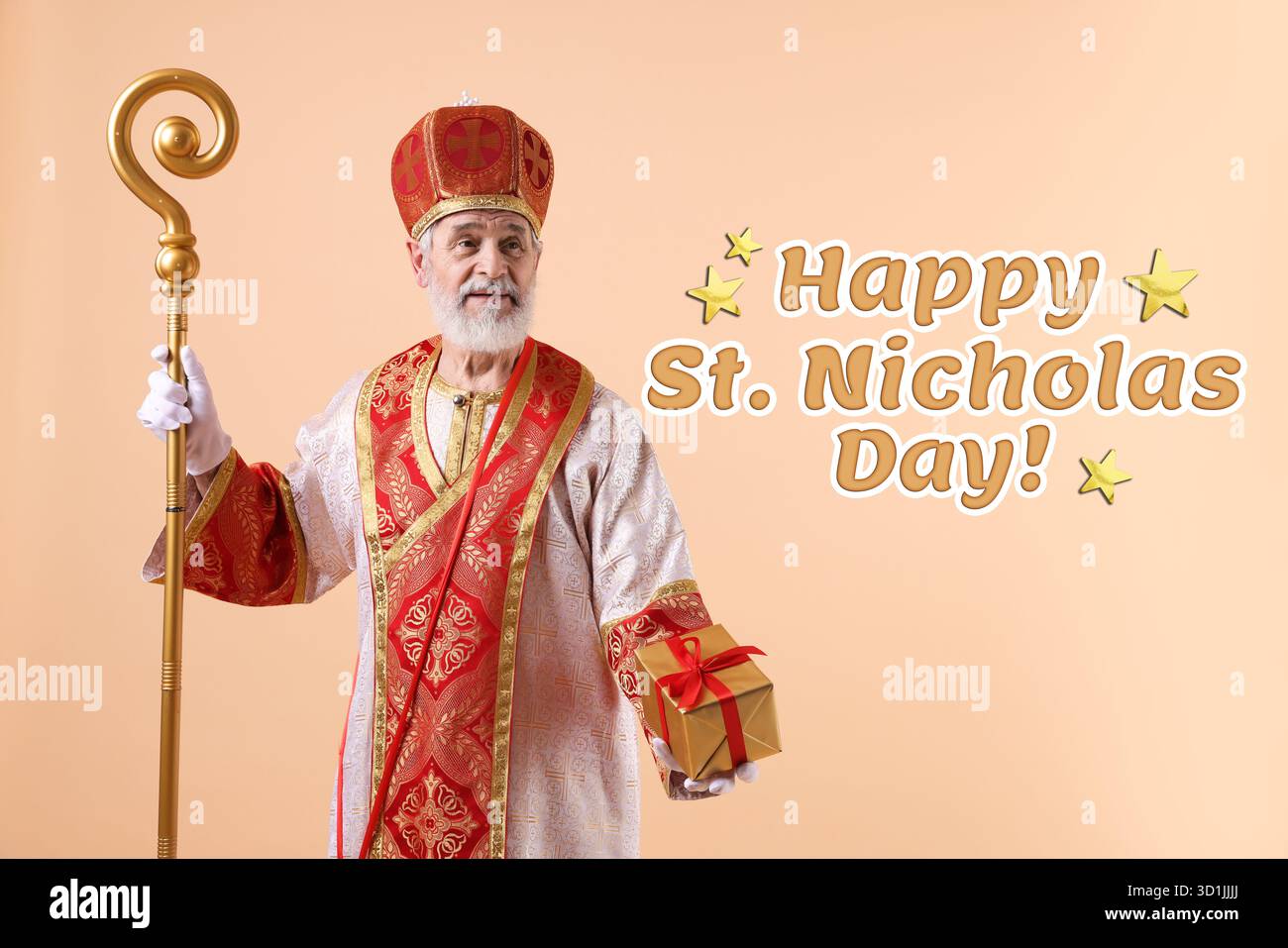 Saint Nicholas with gift box and staff on beige background. Greeting ...
