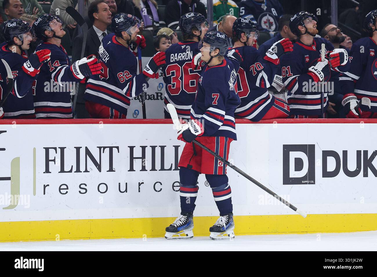 Winnipeg Jets center Vladislav Namestnikov (7) is congratulated for his ...