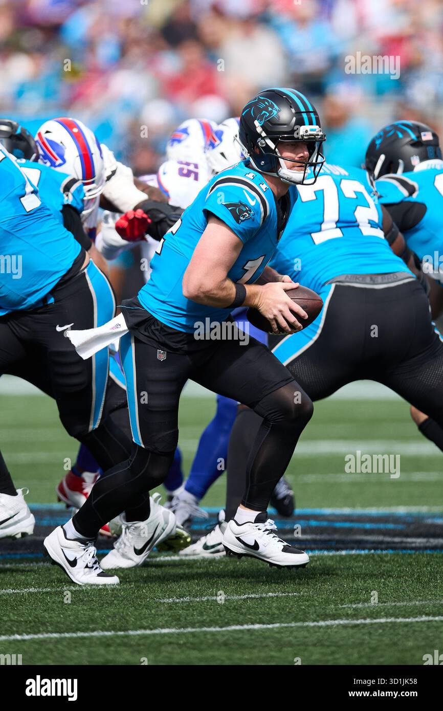 Carolina Panthers quarterback Andy Dalton (14) turns to hand the ball ...