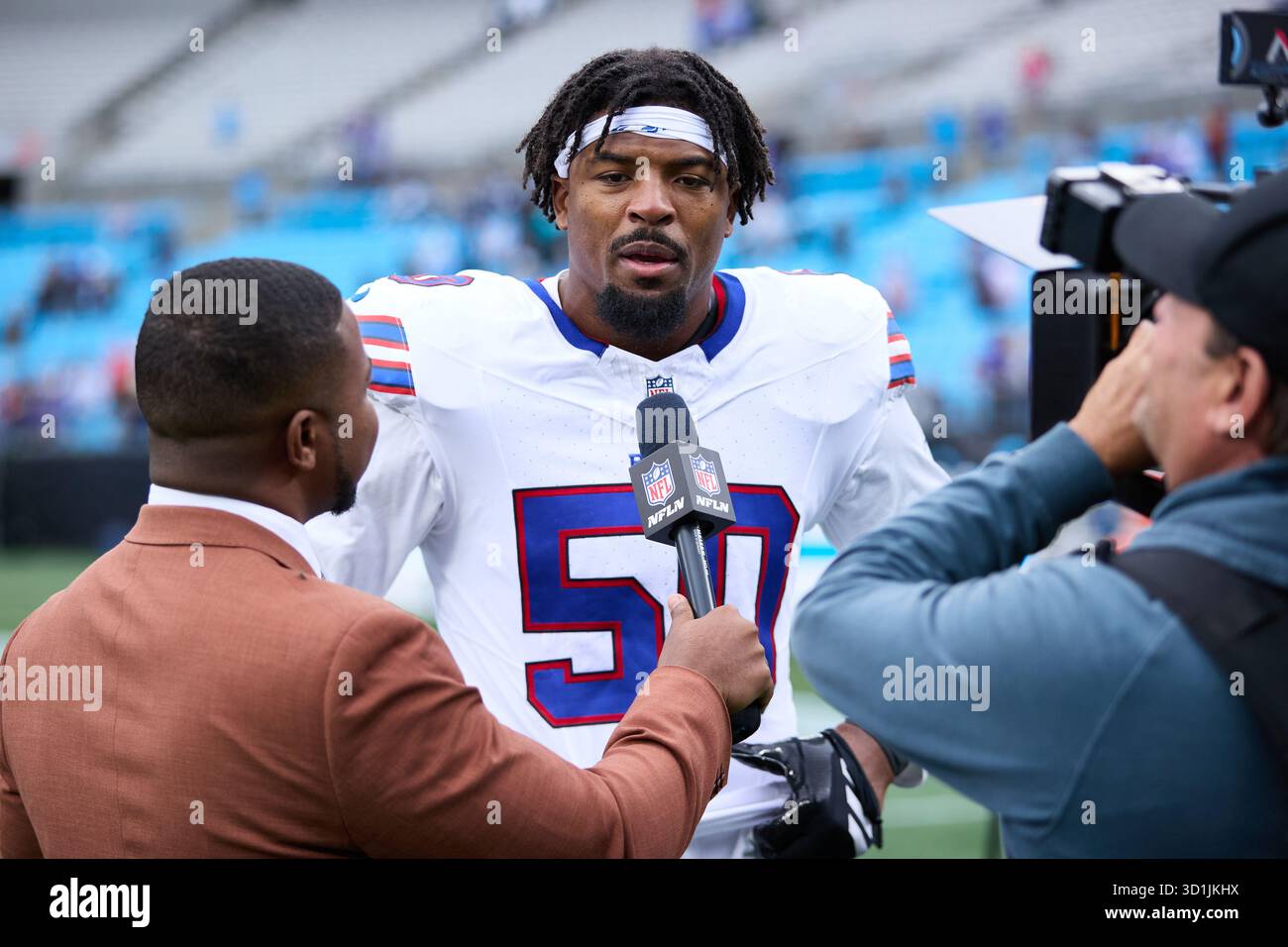 Buffalo Bills defensive end Greg Rousseau (50) is interviewed by NFL ...