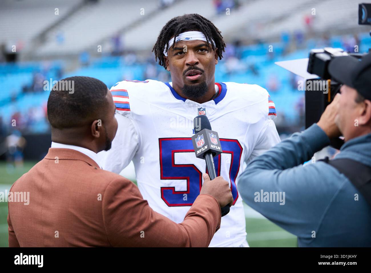 Buffalo Bills defensive end Greg Rousseau (50) is interviewed by NFL ...