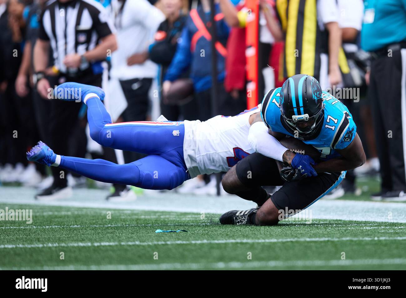 Carolina Panthers wide receiver Xavier Legette (17) is tackled by ...
