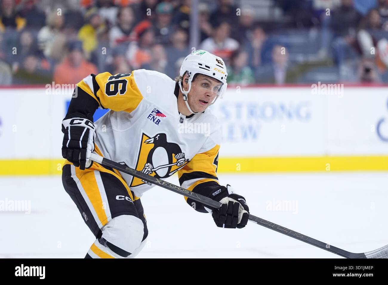 Pittsburgh Penguins' Blake Lizotte plays during an NHL hockey game, Tuesday, Oct. 28, 2025, in ...