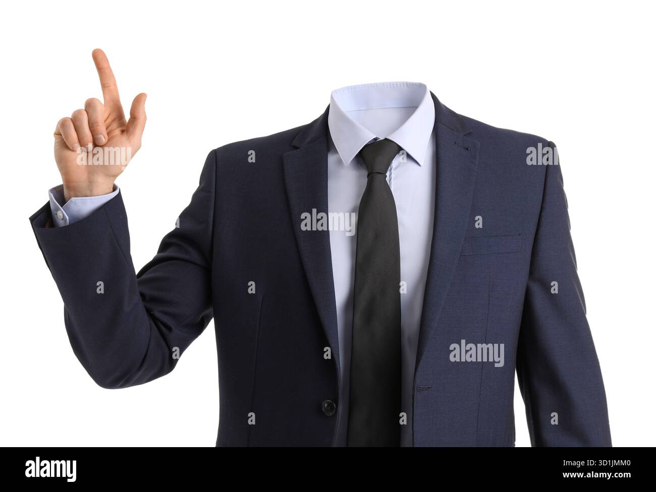Businessman without head pointing at something on white background ...