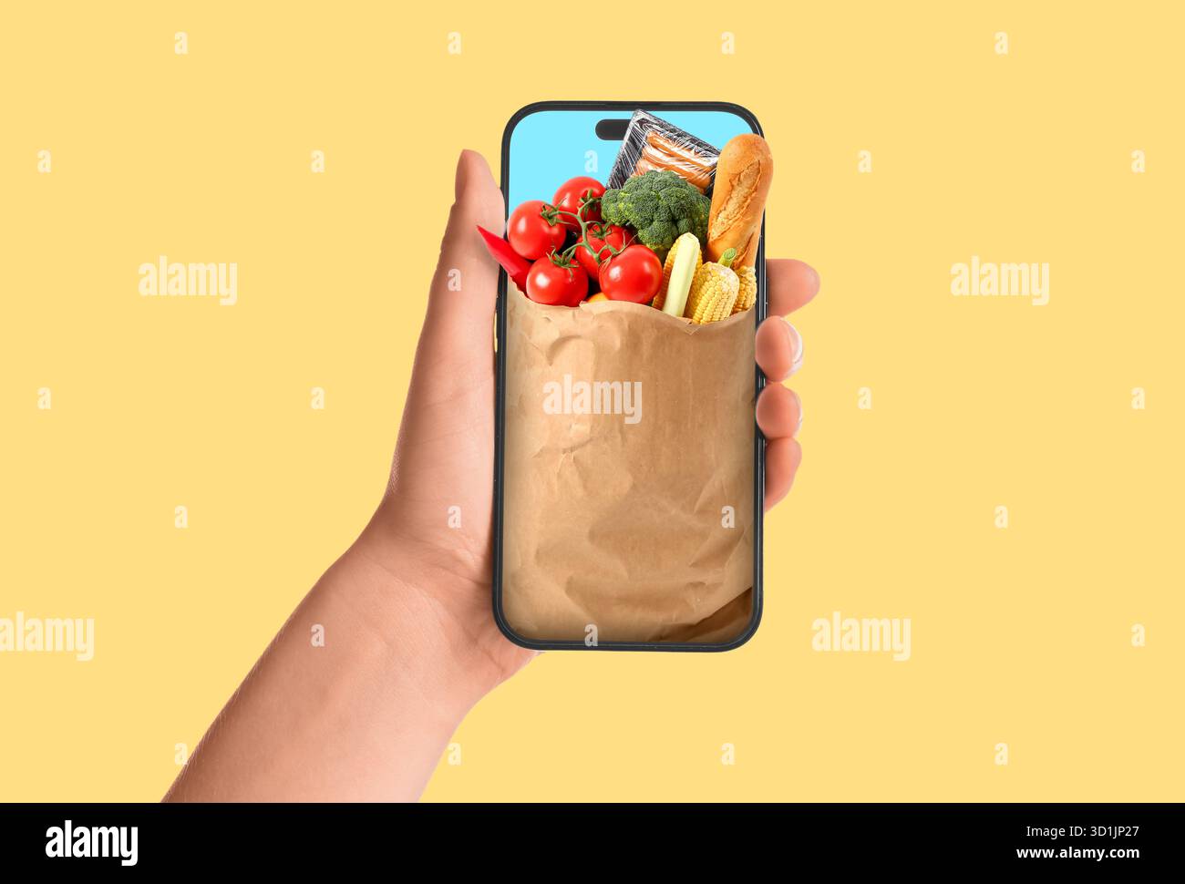 Hand holding mobile phone with grocery bag popping out of screen on ...