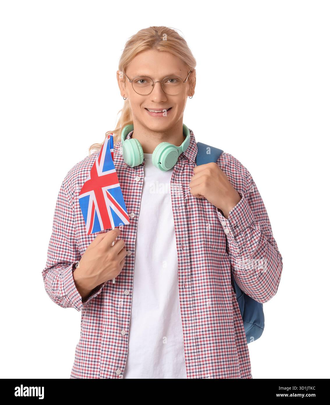 Male student with UK flag on white background Stock Photo - Alamy