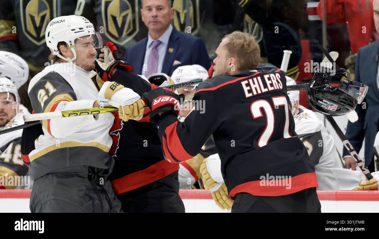 Vegas Golden Knights center Brett Howden (21) mixes it up with Carolina ...