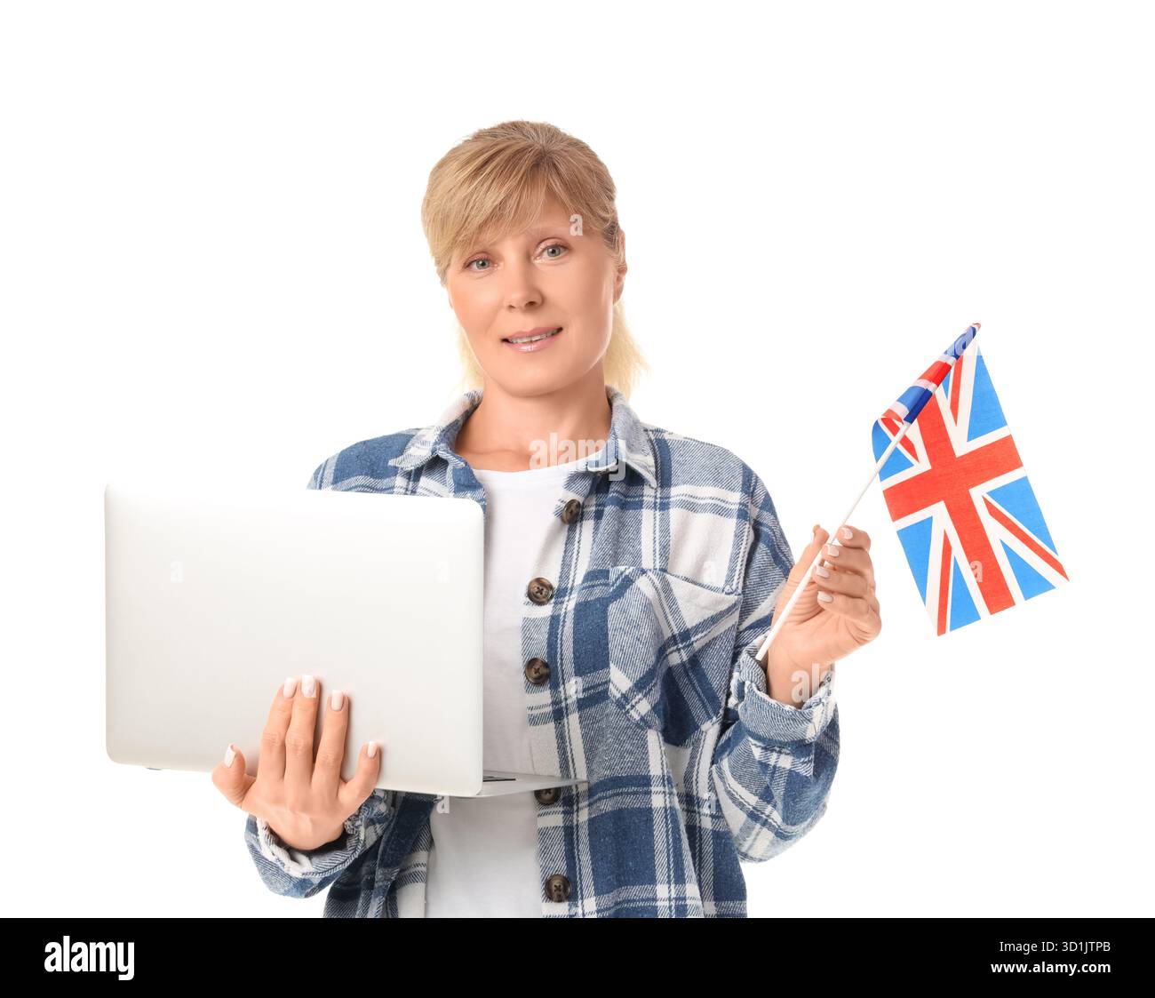 Mature woman with UK flag and laptop on white background Stock Photo ...